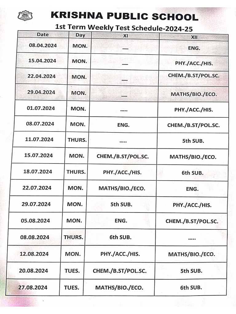 Weekly Test - Schedule | PDF