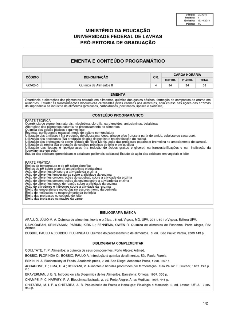 Ementa Eng. Alim. UFLA (2021) - Química de Alimentos II | PDF | Enzima | Química