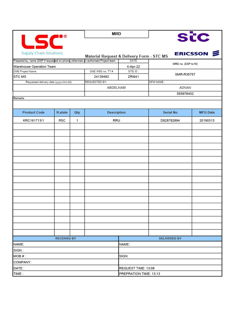 Material Request & Delivery Form | PDF