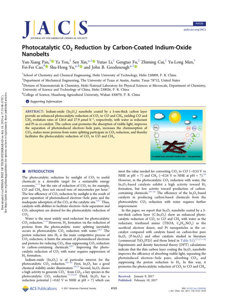 Pan Et Al 2017 Photocatalytic Co2 Reduction by Carbon Coated Indium Oxide Nanobelts | PDF ...