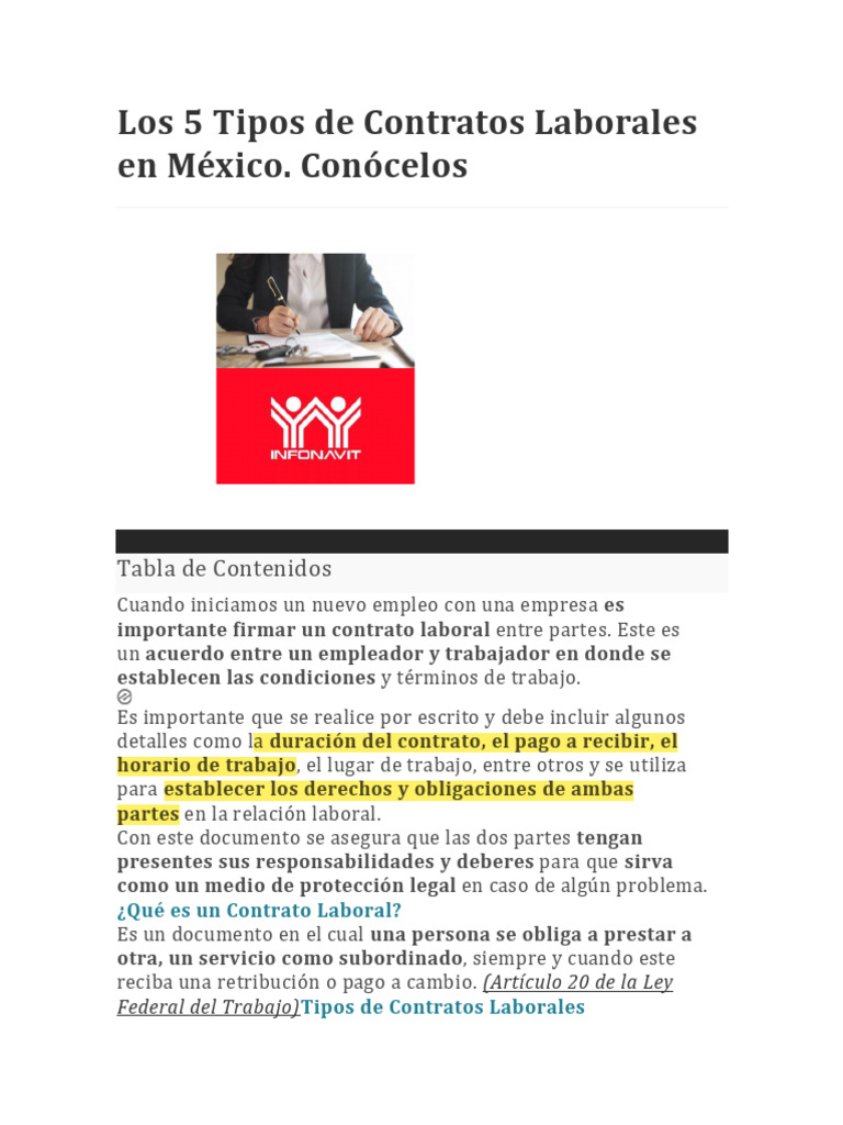 Los 5 Tipos De Contratos Laborales En México Pdf Derecho Laboral