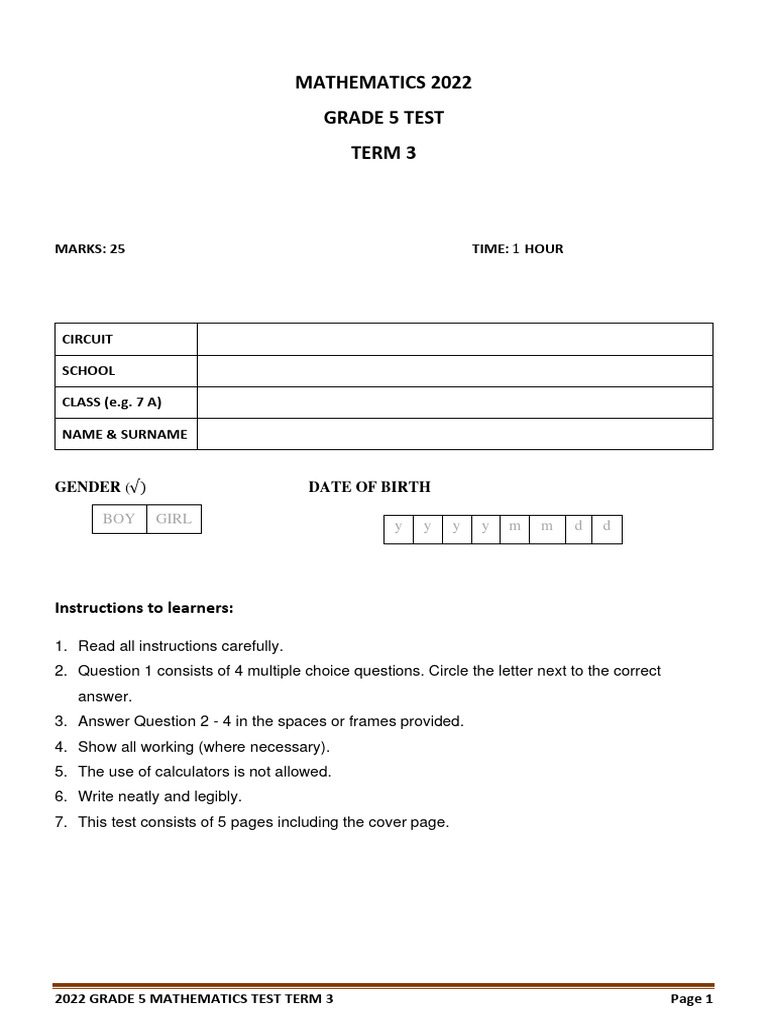 Grade 5 Mathematics Test Term 3 2022 | PDF | Elementary Geometry ...