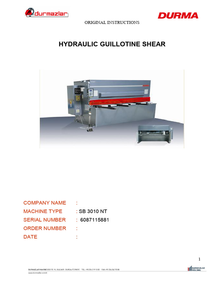 Hydraulic Guillotine Shear Manual | PDF | Sheet Metal | Pipe (Fluid ...