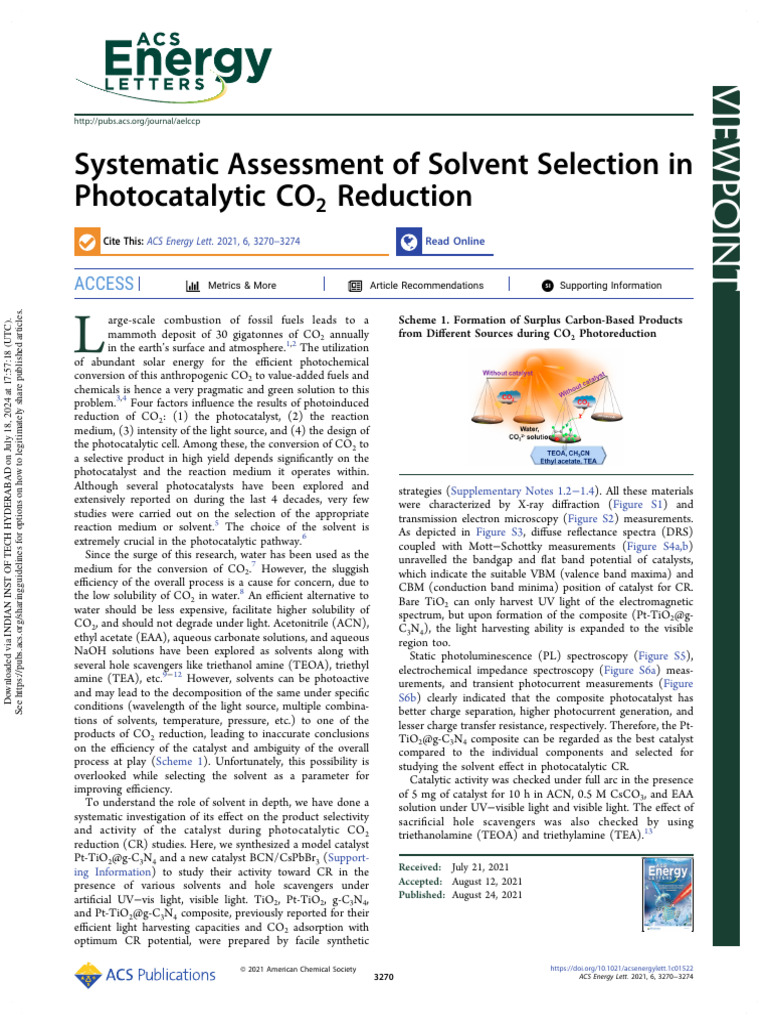 Das Et Al 2021 Systematic Assessment of Solvent Selection in Photocatalytic Co2 Reduction | PDF ...