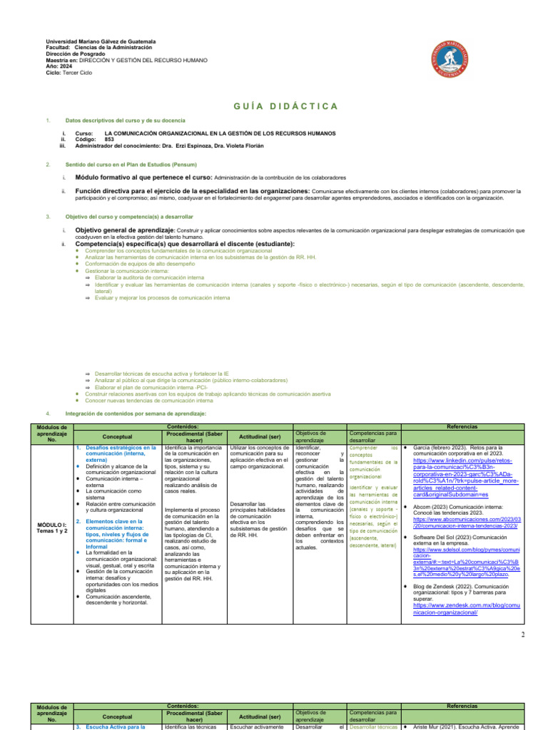 Guía Didáctica Comunicación Organizacional-Año 2024 - final-VF | PDF | Evaluación | Comunicación