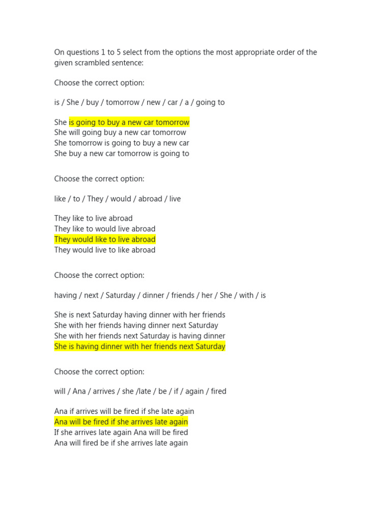 On Questions 1 To 5 Select From The Options The Most Appropriate Order ...