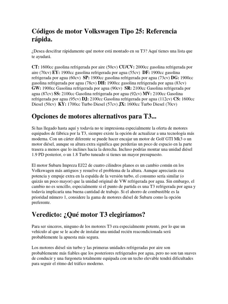 Códigos de Motor Volkswagen Tipo 25 | PDF | Turbocompresor | Volkswagen