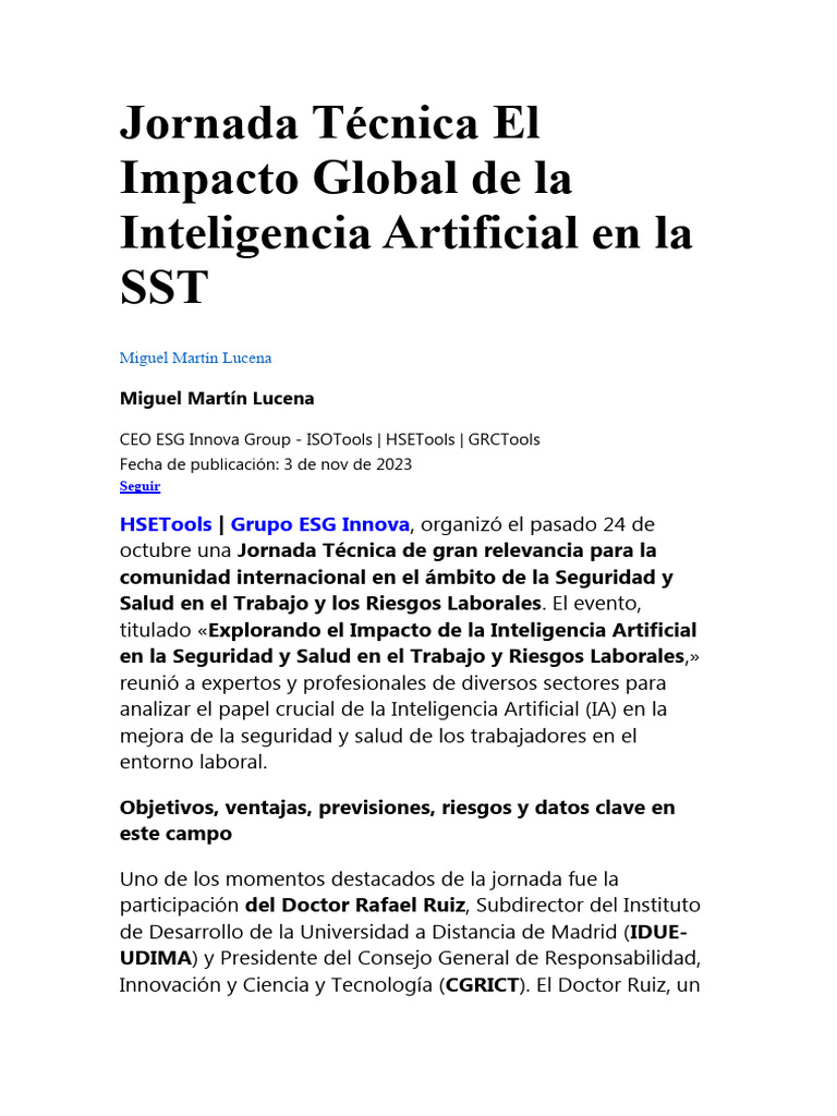 Jornada Técnica El Impacto Global de La Inteligencia Artificial en La SST | PDF | Inteligencia ...