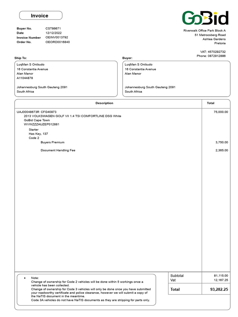 GoBid Sales Invoice - OEINV0013792 | PDF | Invoice | Land Vehicles