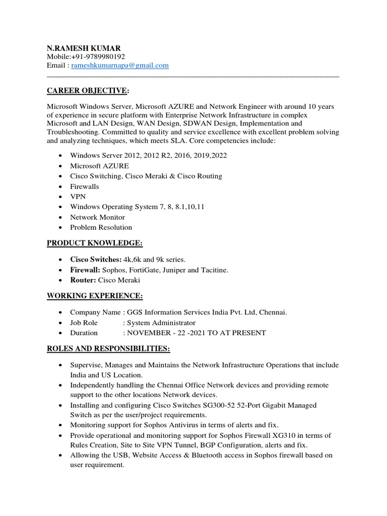 Job Application-WindowsServer, NetworkEngg&AZURE | PDF | Computer ...