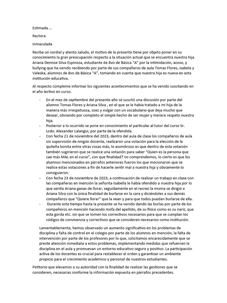 Carta A Rectorado | PDF | Salón de clases