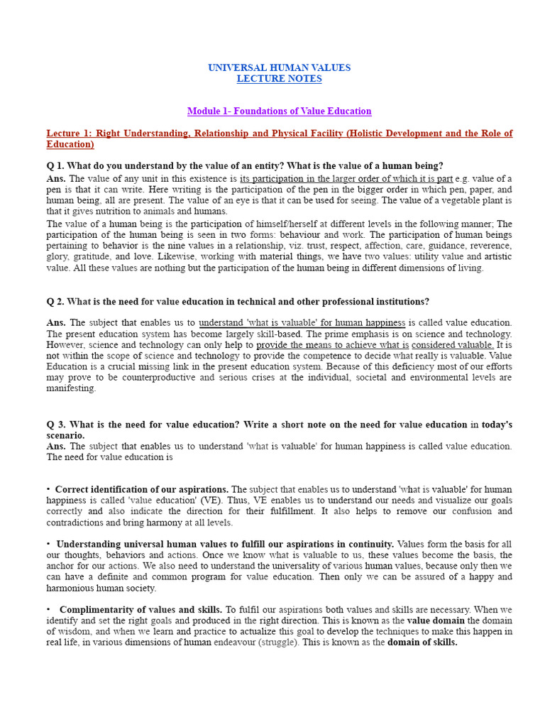 UHV Notes | PDF | Happiness | Intention