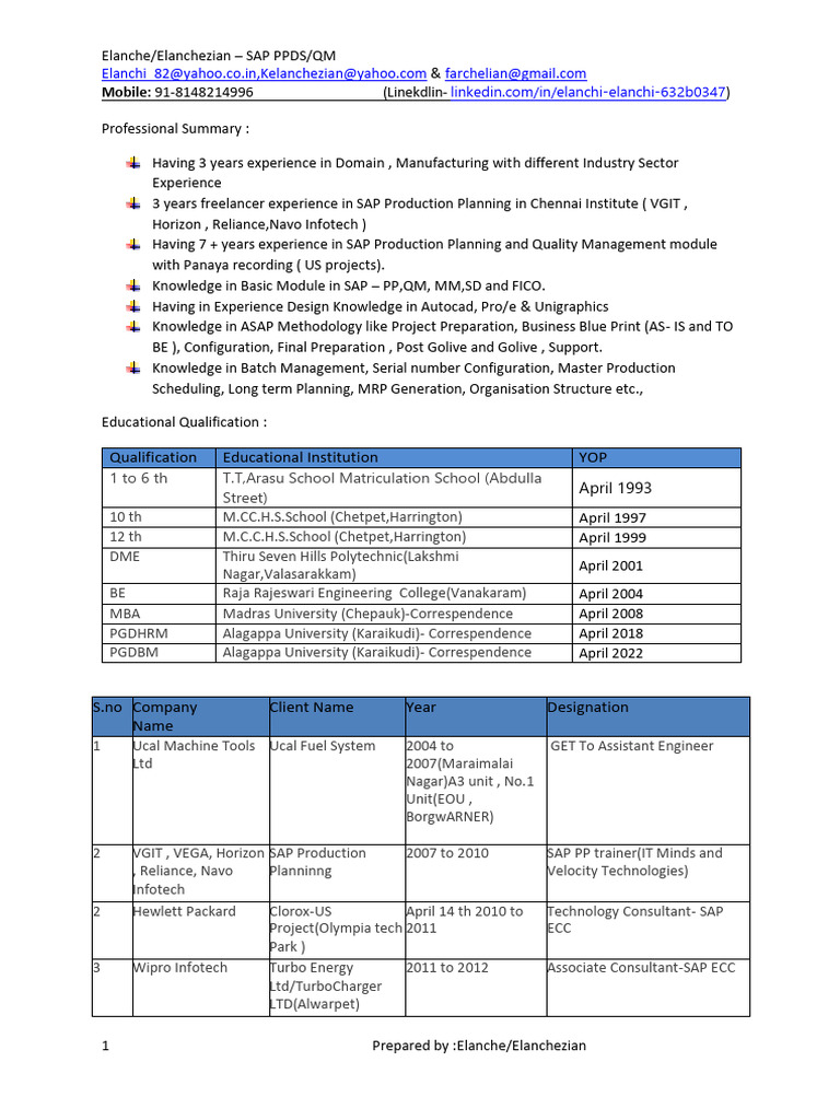 Elanchi SAP PP QM Resume 1717593356 | PDF | Business