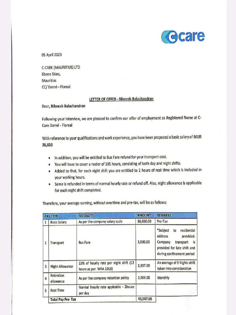 Mauritius - Sample Offer Letter | PDF