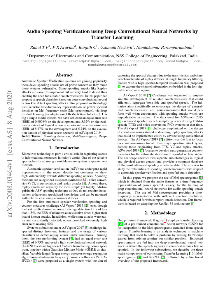 Audio Spoofing Verification Using Deep Convolutional Neural Networks by Transfer Learning | PDF ...