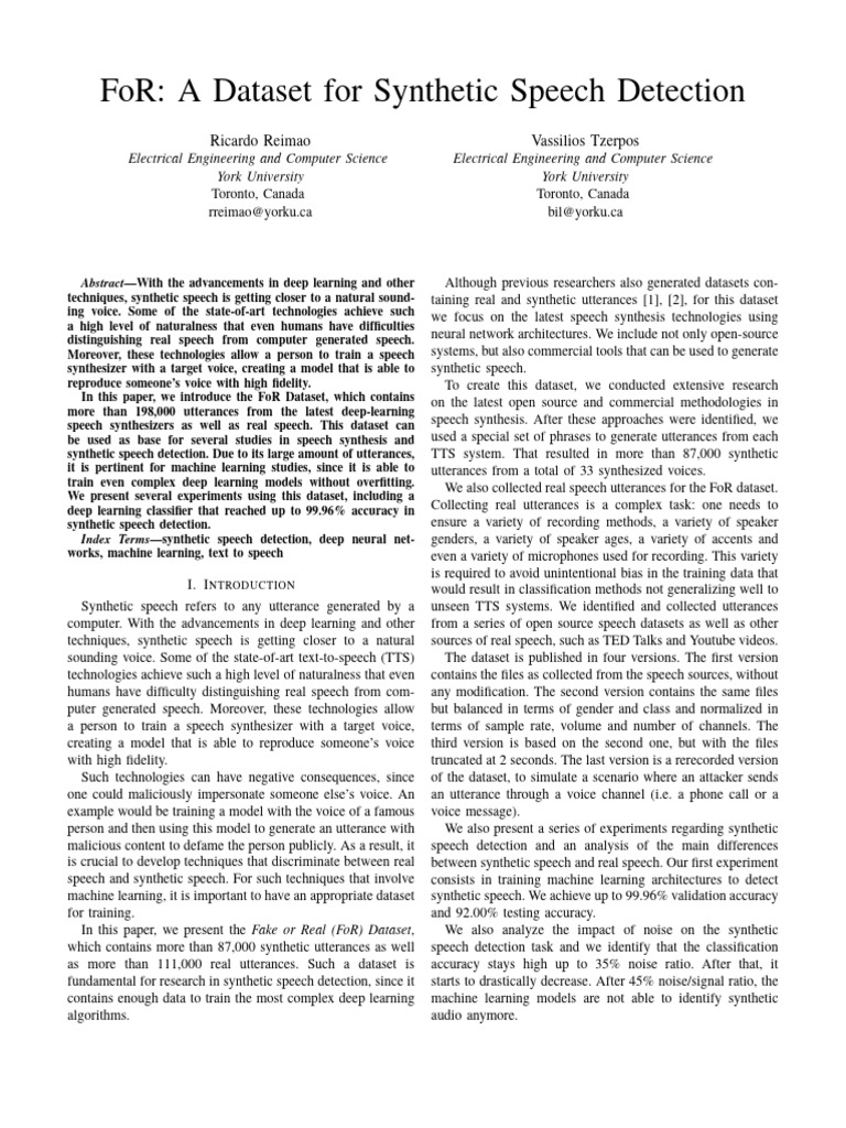 Synthetic Speech Detection Dataset | PDF | Speech Synthesis | Deep Learning