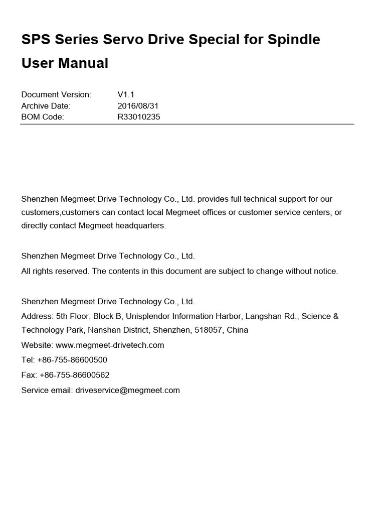 SPS Series Servo Drive Special For Spindle User Manual | PDF | Power Supply | Electric Motor