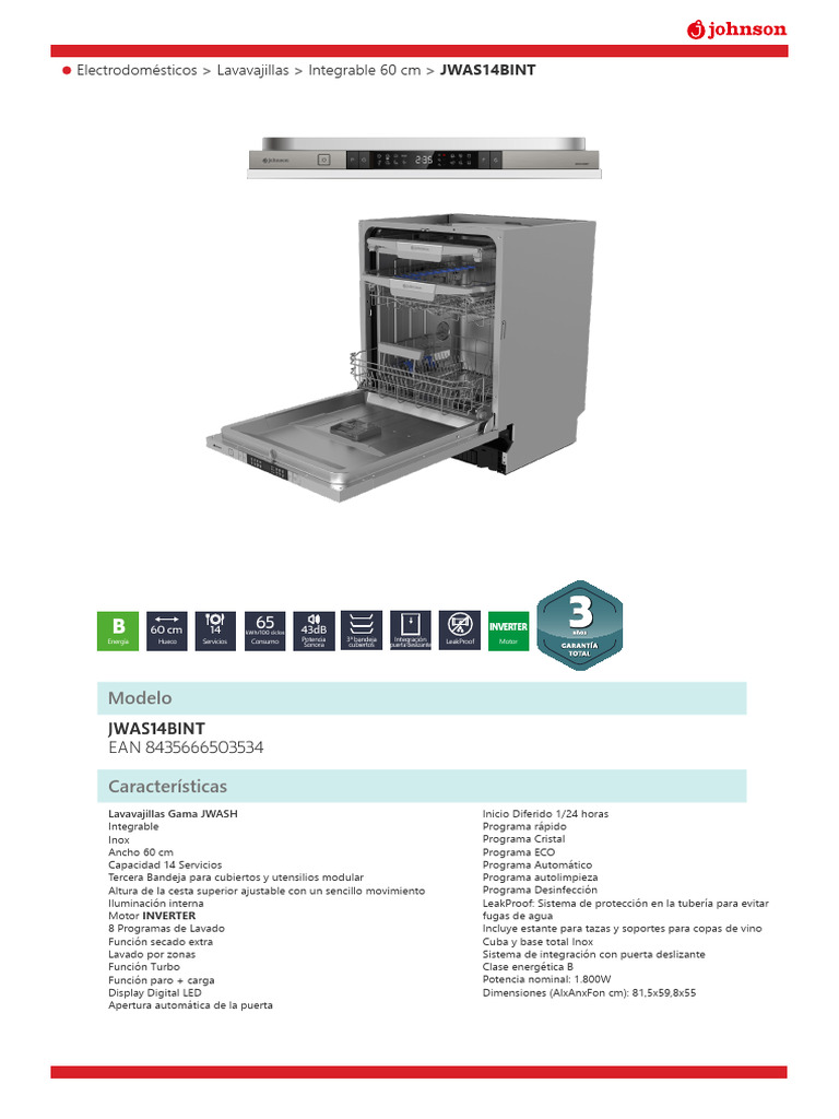 Documentación Técnica Johnson_Lavavajillas_Integrables grandes (60 cm)_JWAS14BINT_JWAS14BINT ...