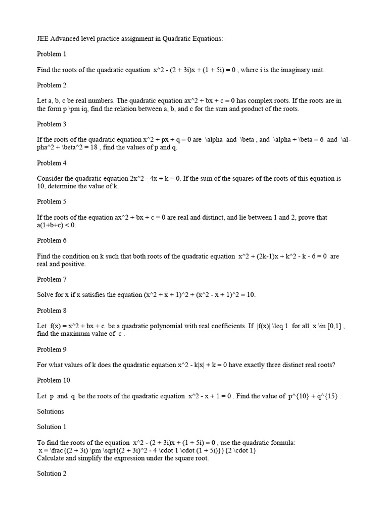 JEE Advanced Level Practice Assignment in Quadratic Equations | PDF | Quadratic Equation | Equations