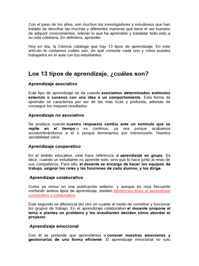 13 Tipos de Aprendizaje. | PDF | Aprendizaje | Las emociones