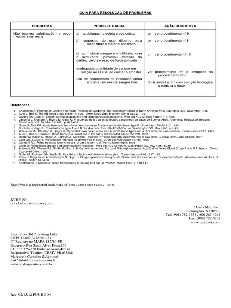 Inst de Uso Rapid Vet Felino | PDF | Hemácia | Tipo sanguíneo