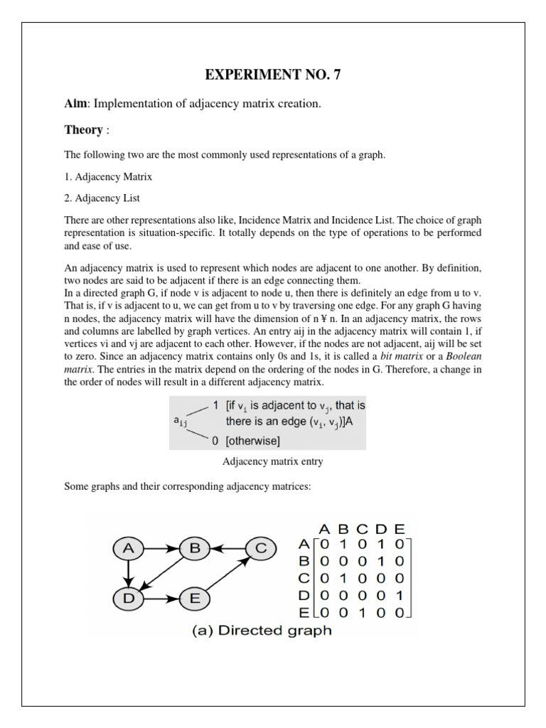 EXPERIMENT NO 7 Adj Matrix | PDF | Matrix (Mathematics) | Vertex (Graph Theory)