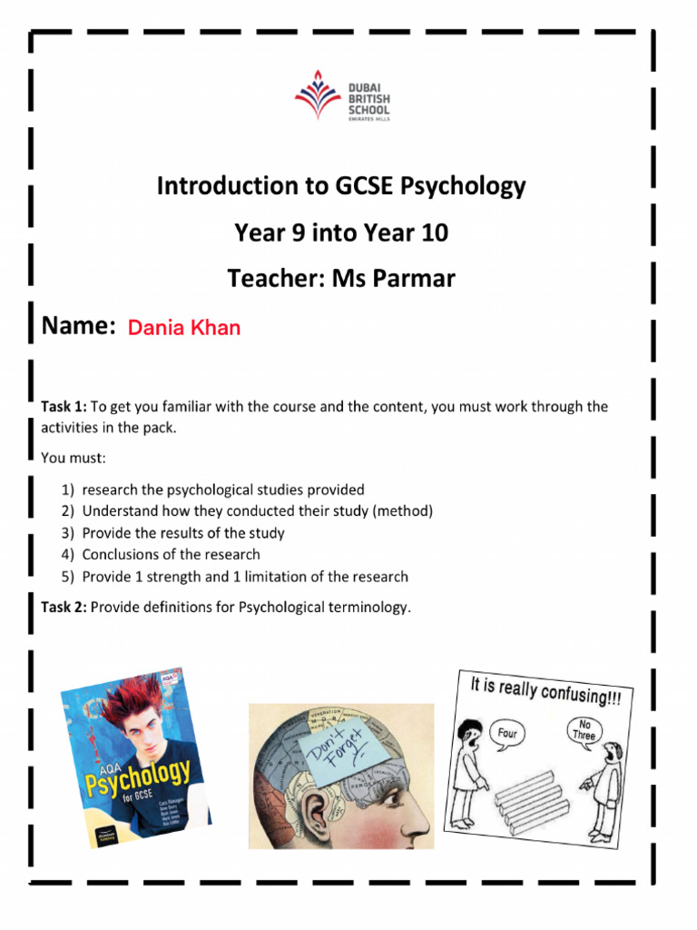 Dania Khan GCSE Psychology Summer Pack | PDF