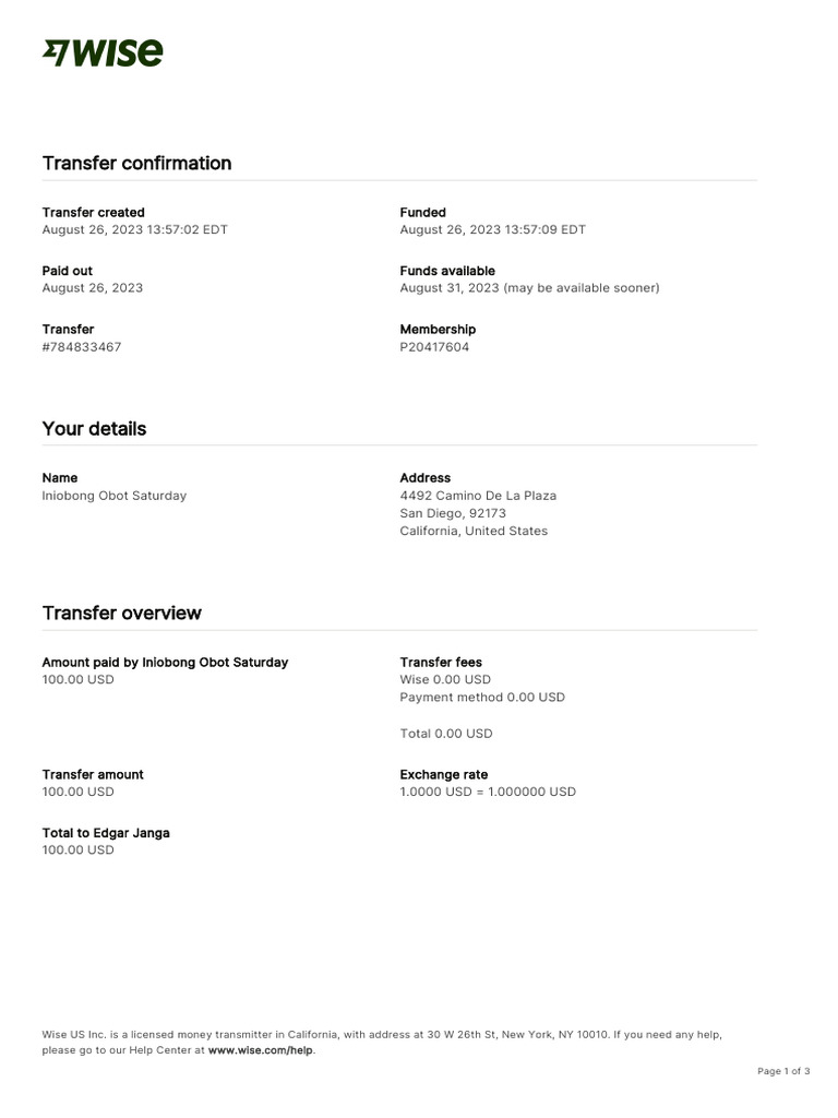 Wise Transaction Invoice Transfer 784833467 1579548700 en | PDF ...