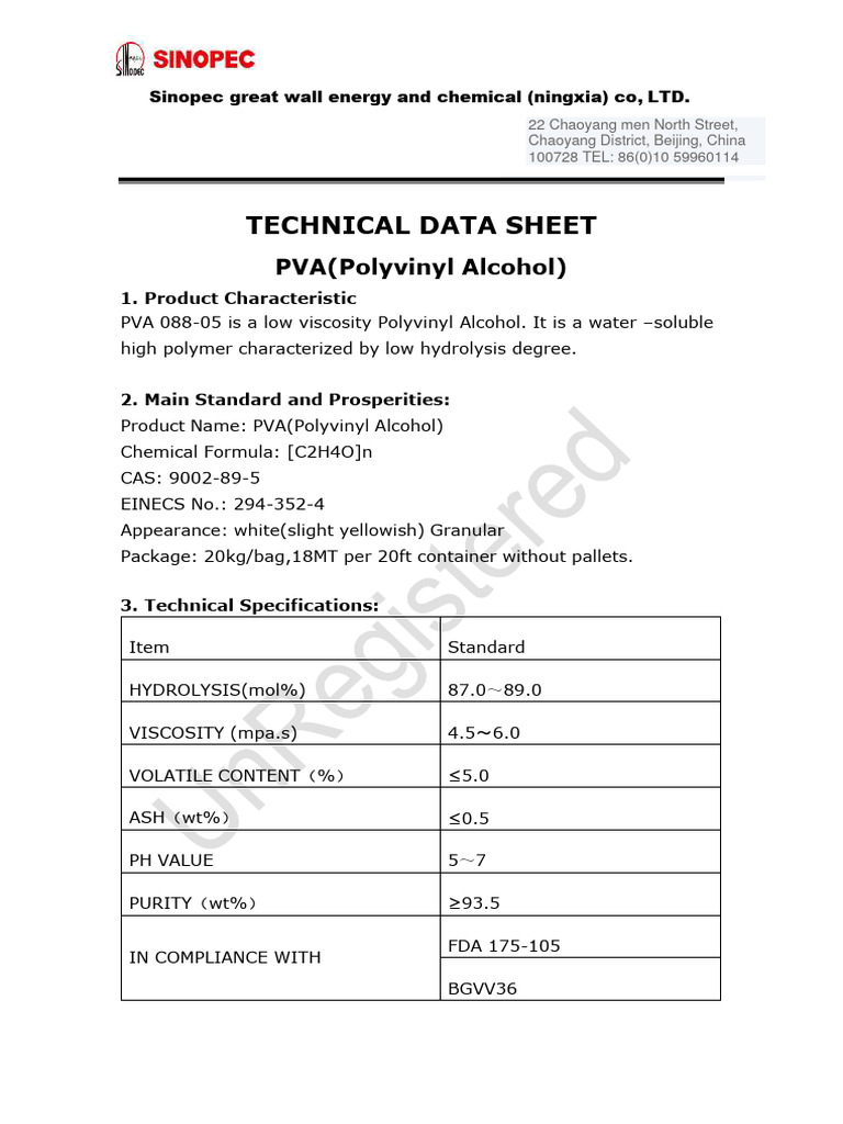TDS Polyvinyl Alcohol (PVA), 088-05 LOW Sinopec | PDF