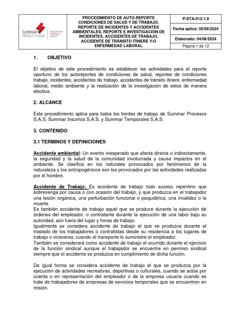Procedimiento de Auto-Reporte Laboral | PDF | Peligros