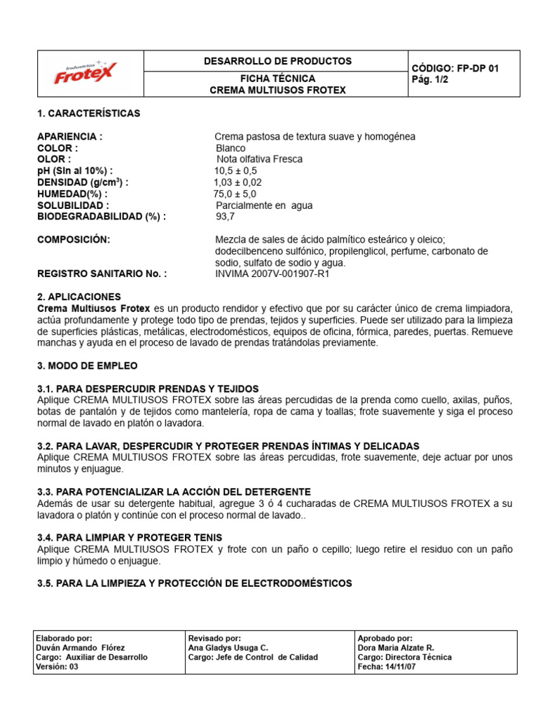 Ficha Tecnica Crema Multiusos Frotex | PDF | Sustancias químicas