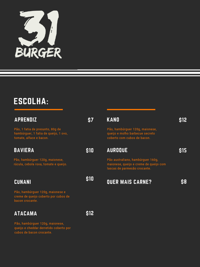 Menu - 31 Burger | PDF | Gastronomia, comida e vinho