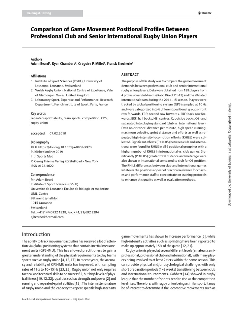 Comparison of Game Movement Positional Profiles Between Professional Club and Senior ...