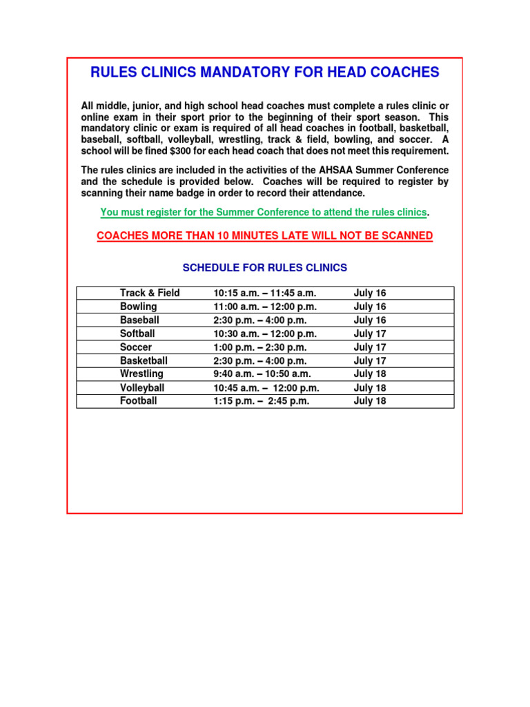 Rules Clinics Mandatory For Head Coaches (2024) | PDF