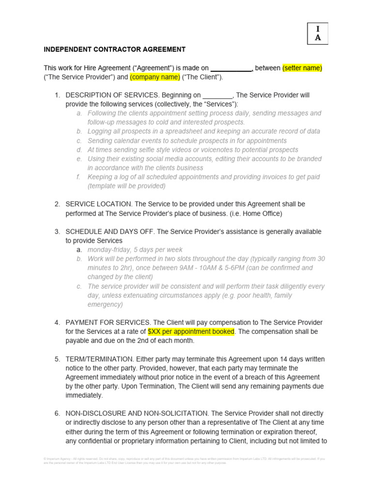 6.3 Setter Contractor Agreement | PDF | Trade Secret | Employment