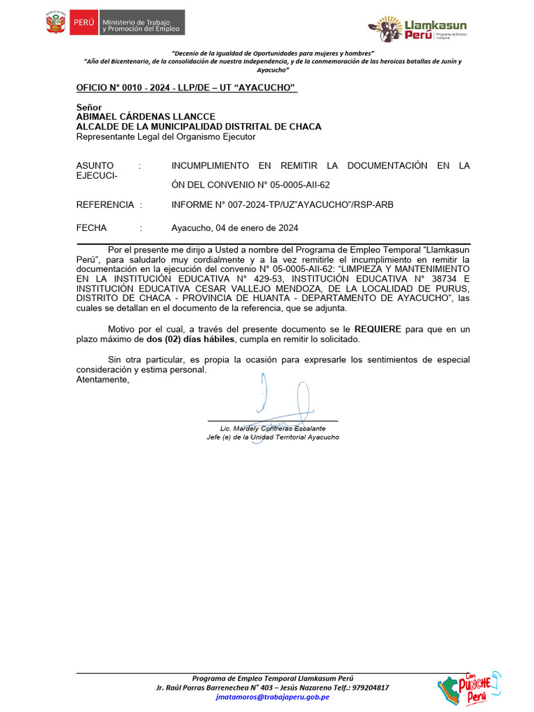 Oficio #0010 - 2024 Incumplimiento en Remitir La Documentación en La Ejecución Del Convenio #05 ...