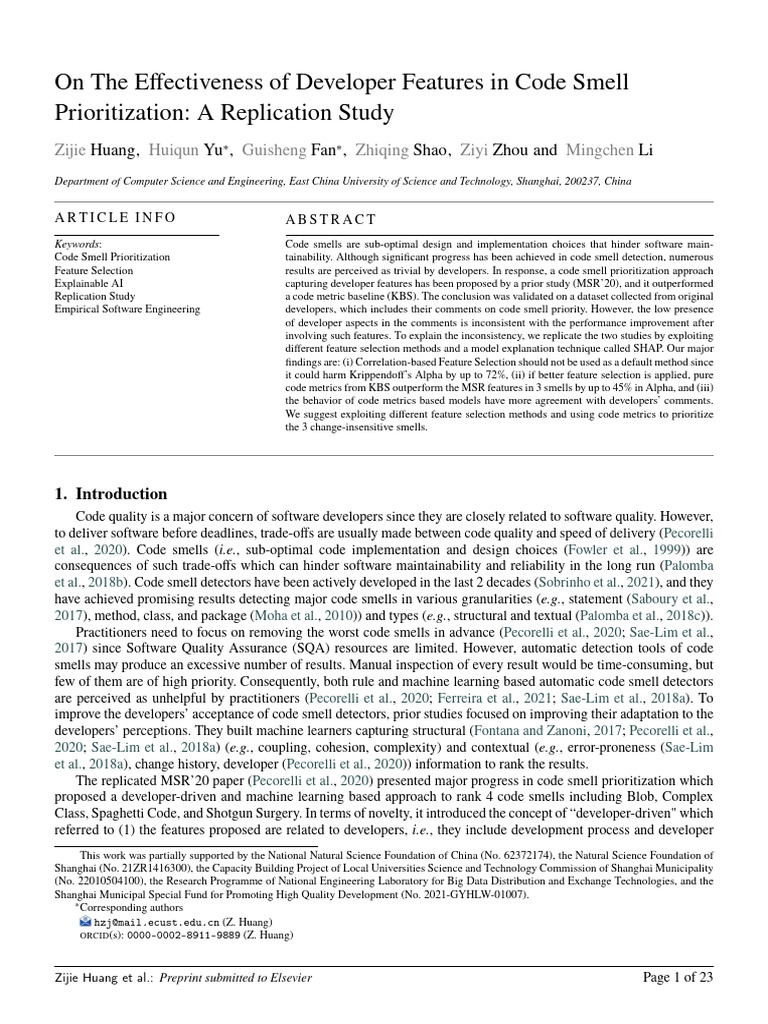 On The Effectiveness of Developer Features in Code Smell Prioritization ...
