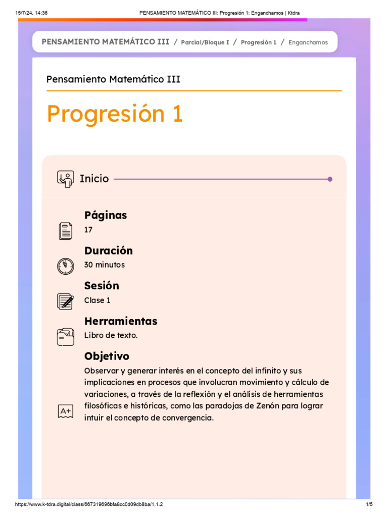 PENSAMIENTO MATEMÁTICO III - Progresión 1 - Enganchamos - Ktdra | PDF | Pensamiento | infinito