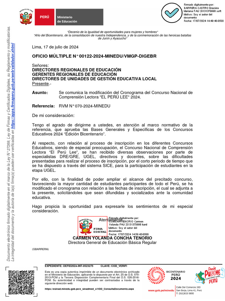 Oficio - Multiple 00122 2024 Minedu VMGP Digebr | PDF