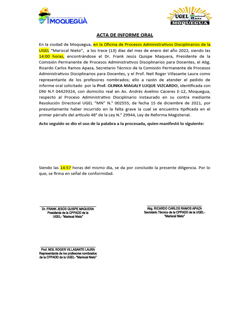 Actas de Informe Oral 2021 | PDF | Maestros | Derecho penal