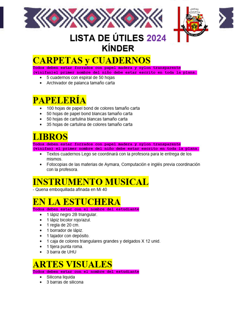 Lista de útiles Kínder 2024 | PDF