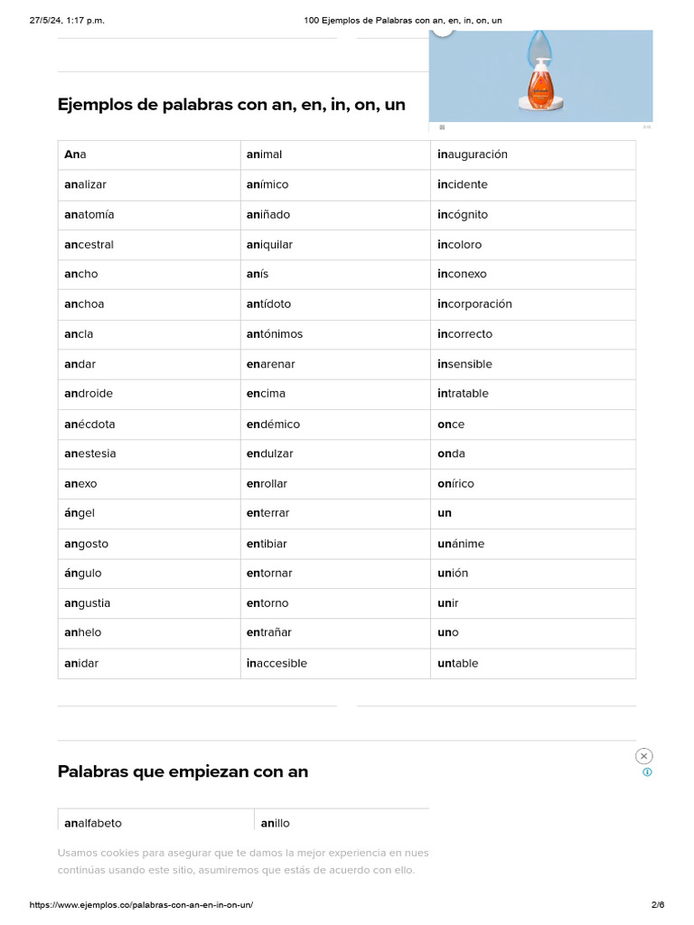 100 Ejemplos de Palabras con an, en, in, on, un | PDF