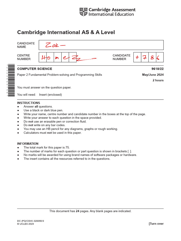 9618 s24 Ms 22 Zak-3 | PDF | Computer Program | Programming