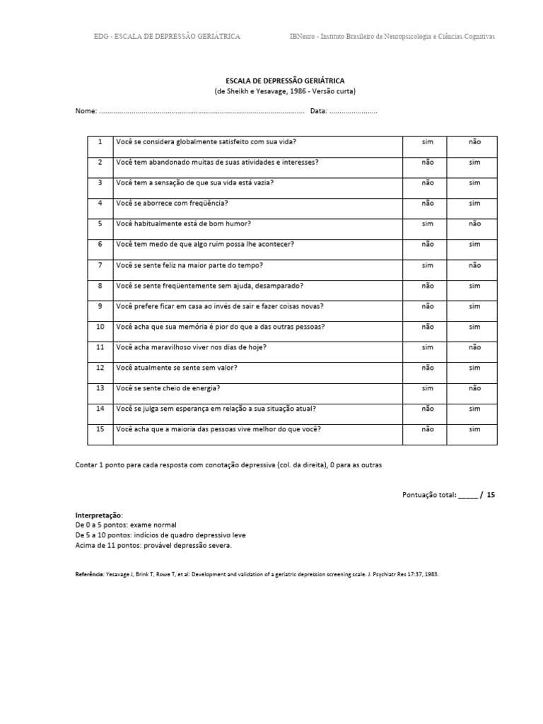 Escala de Depressão Geriátrica - Versão Curta | PDF | Psicologia