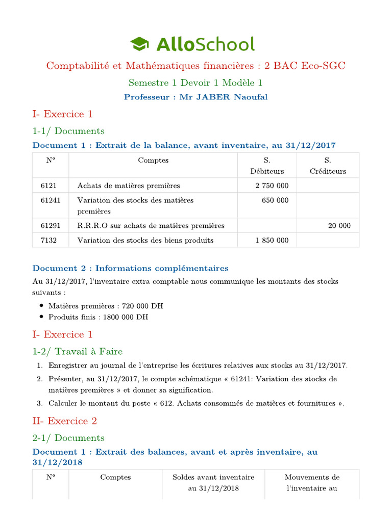 Compta 2bac Eco SGC Semestre 1 Devoir 1 Modele 1 1 | PDF