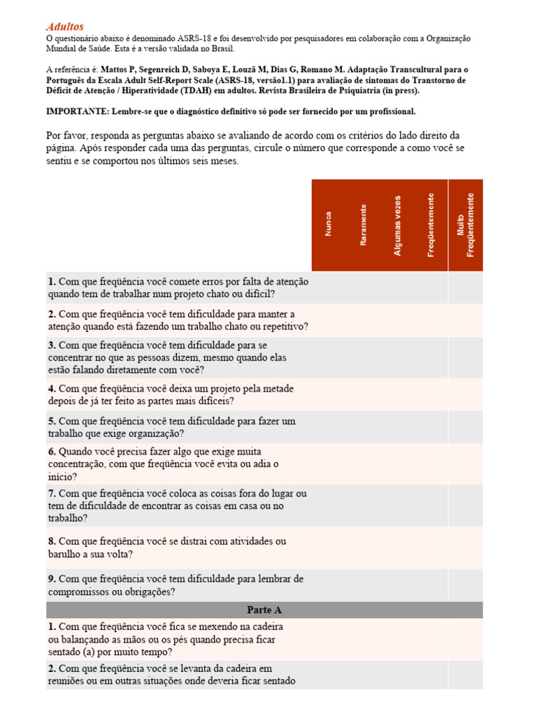 Avaliação ASRS-18 para TDAH em Adultos | PDF | Transtorno de déficit de ...