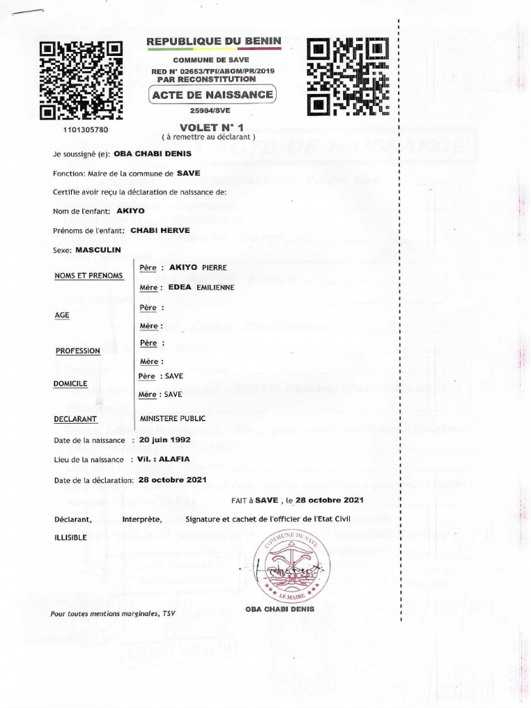 Acte de Naissance Sécurisé - AKIYO CHABI HERVE | PDF