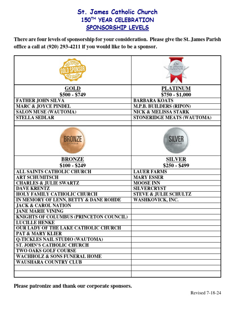 ST James Catholic Church 150th Year Celebration Sponsorship Levels ...