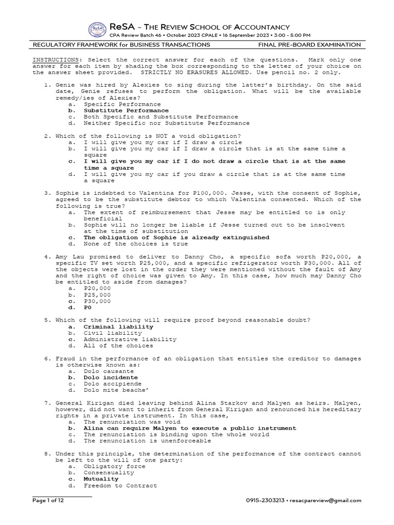 Resa 46 RFBT Final PB and Answer Key | PDF | Insurance | Corporations