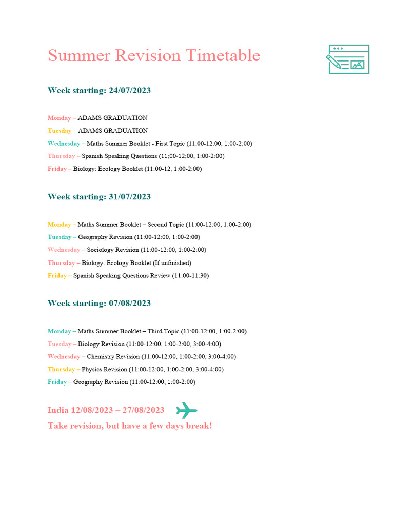 Summer Revision Timetable | PDF